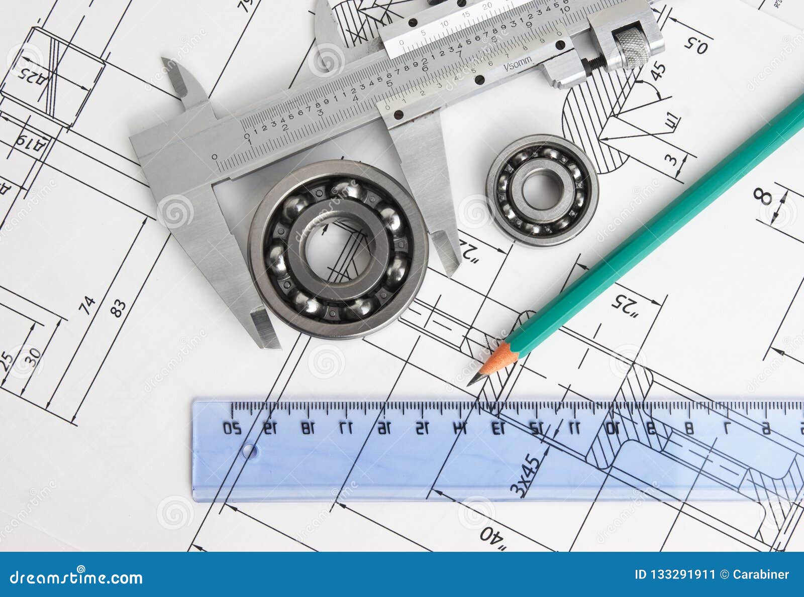 Technical Drawing and Bearing Stock Image - Image of drafting ...