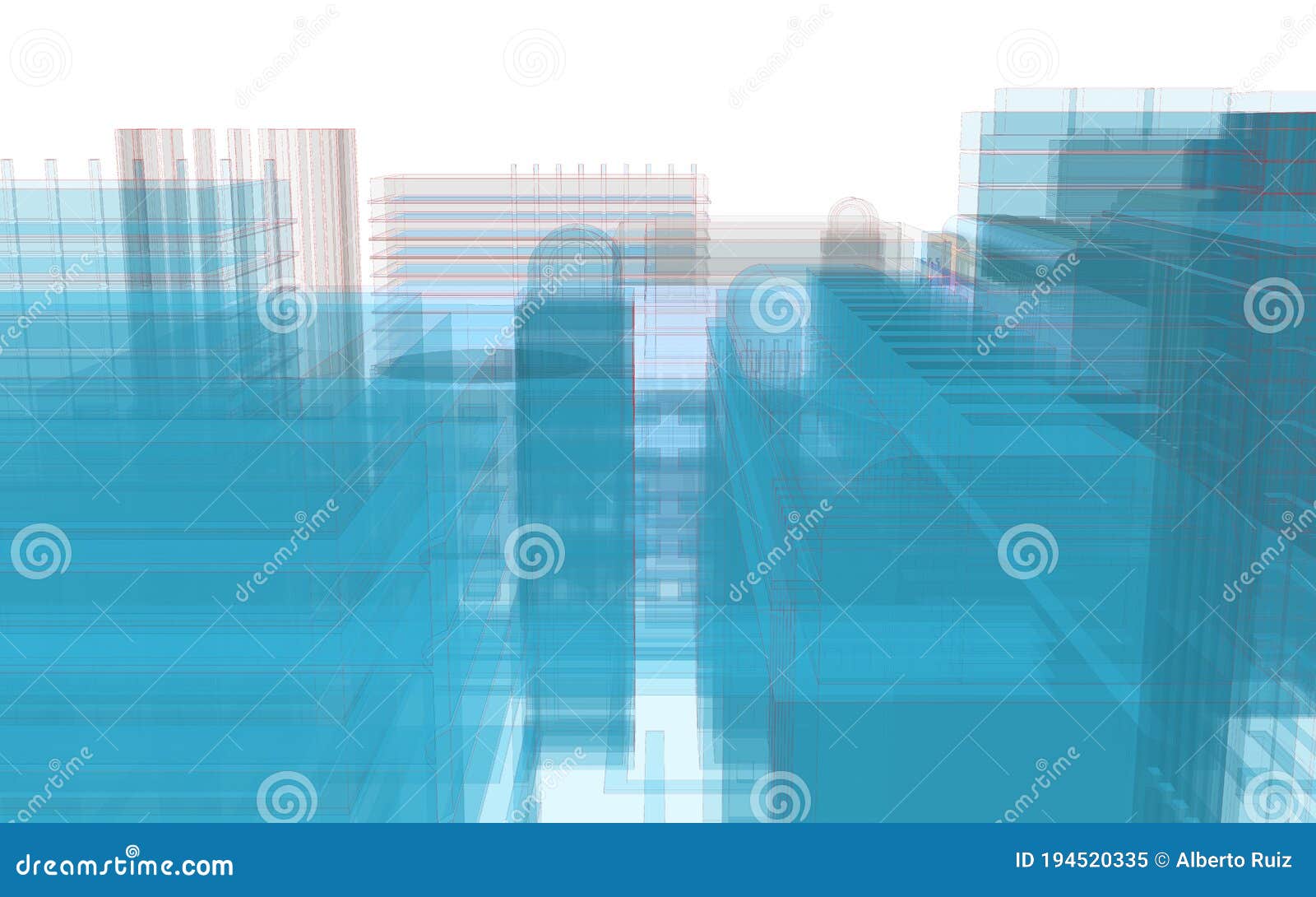 Blue Transparent and Architectural City in Perspective Over White ...
