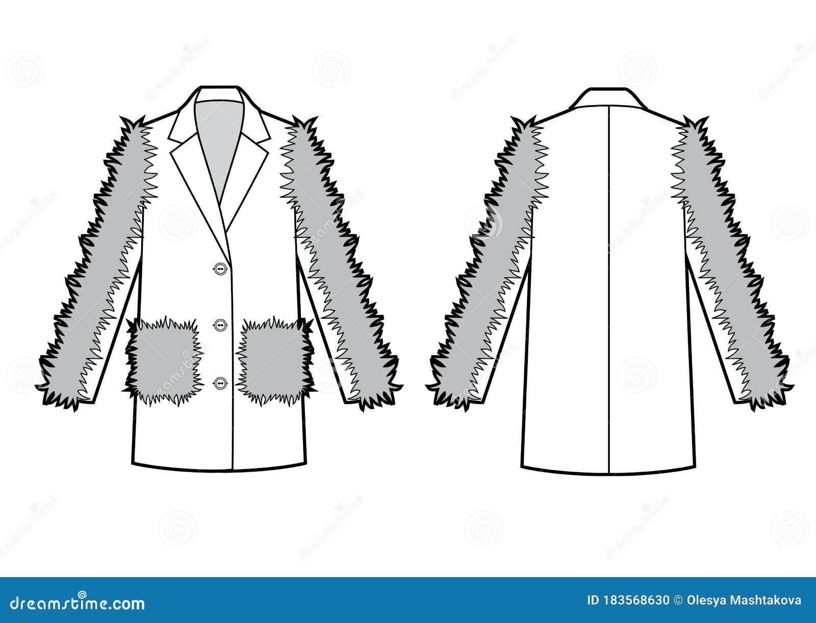 Technical Drawing of Classic Coat with Fur Pockets and Sleeves Stock ...