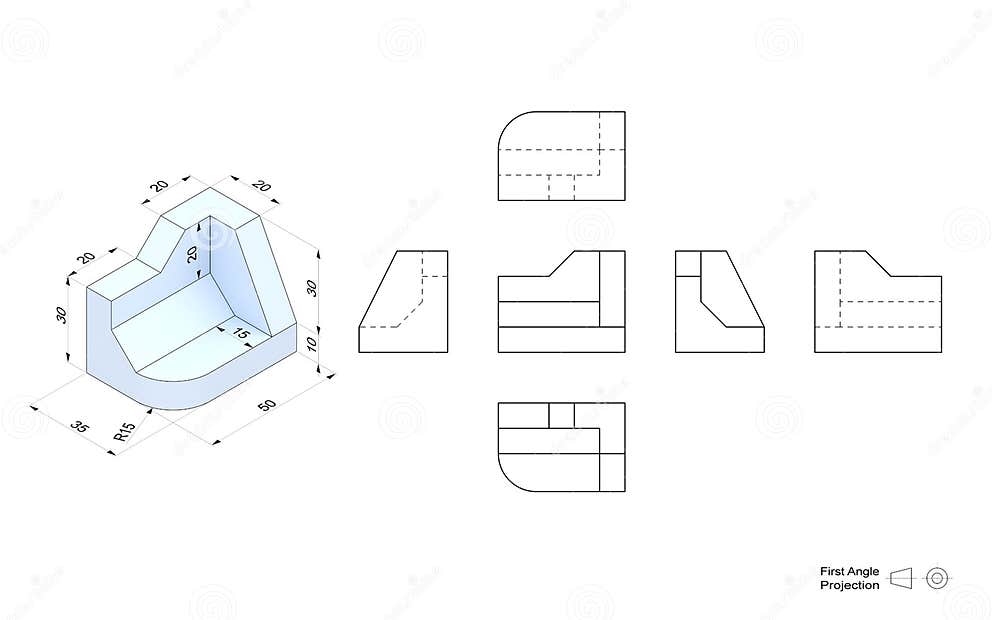 Technical Drawing of a 3D Model with a Perspective and Orthogonal Views ...