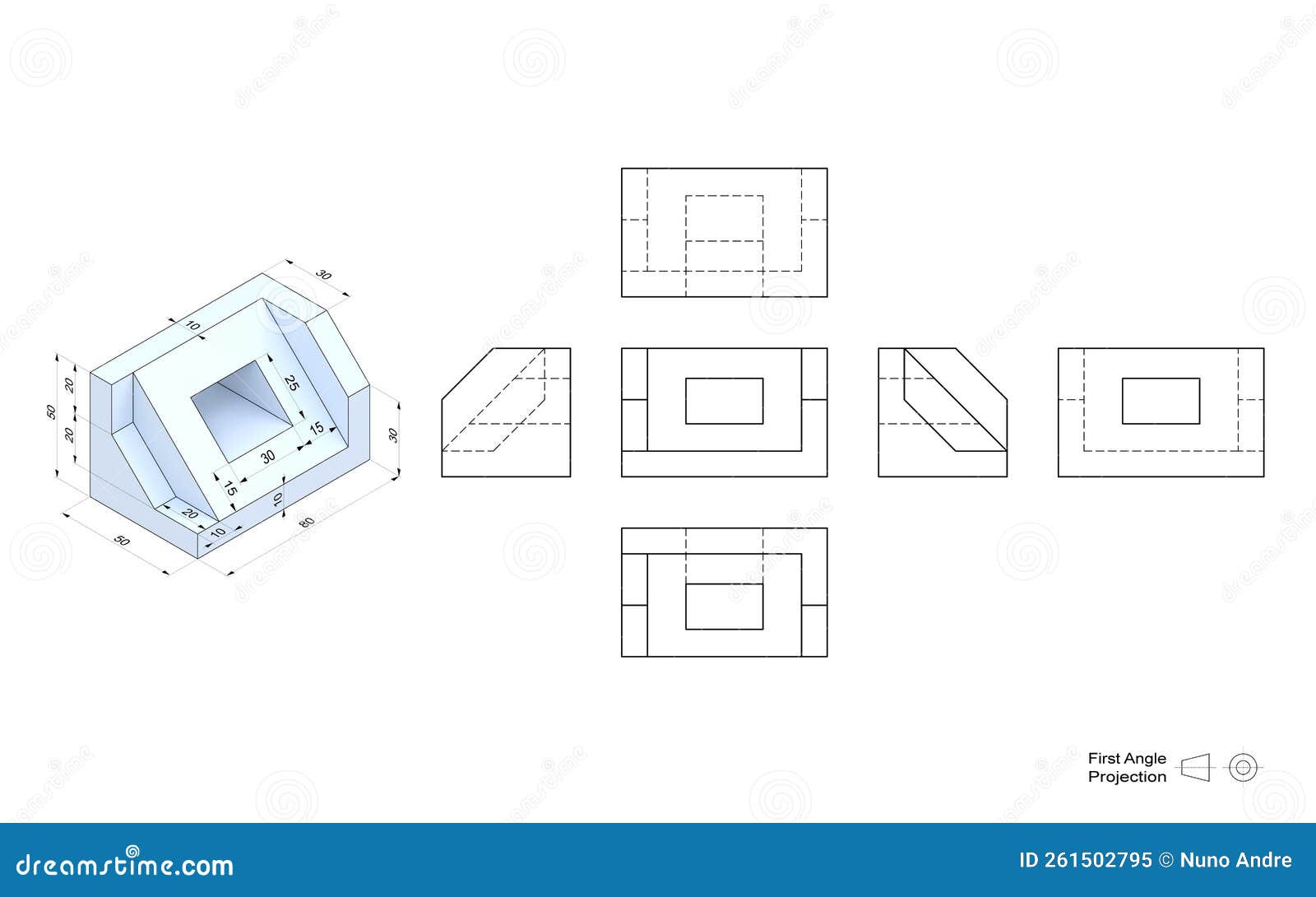 Technical Drawing of a 3D Model with a Perspective and Orthogonal Views ...