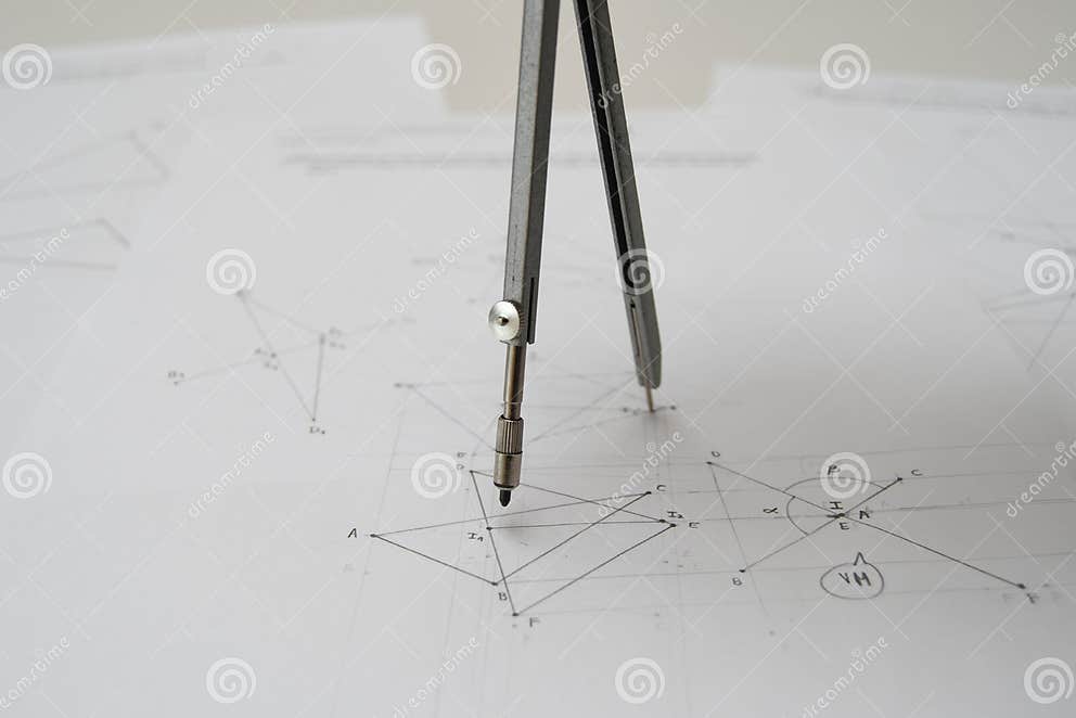 Technical Drawing with Drafting Compass, Paper Stock Photo - Image of ...