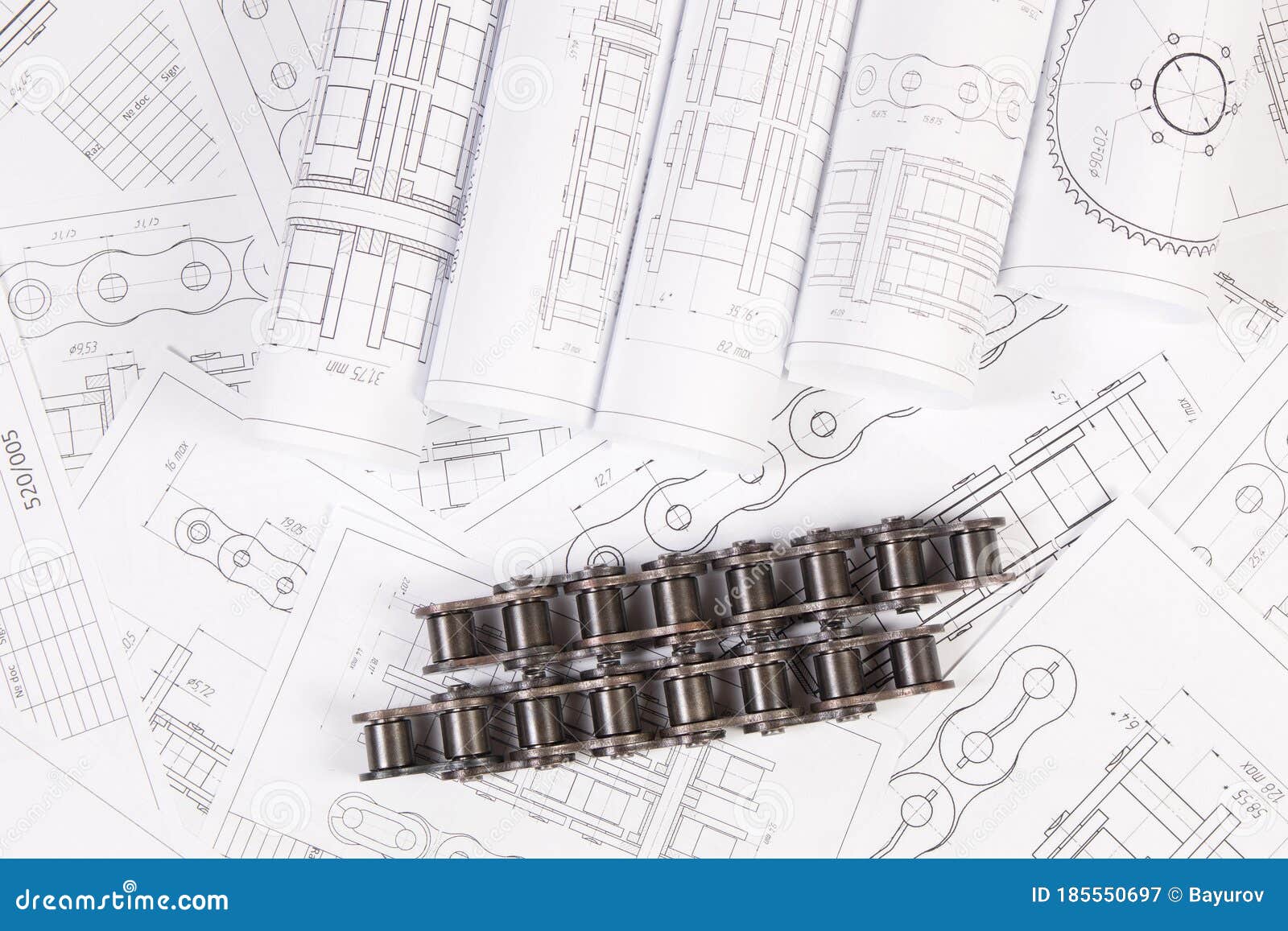 Technical Drawing and Driving Roller Chain. Stock Image - Image of ...