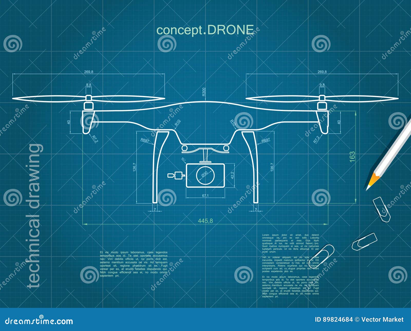 Drawing Of Drone. Industrial Blueprint The Control Panel Of ...