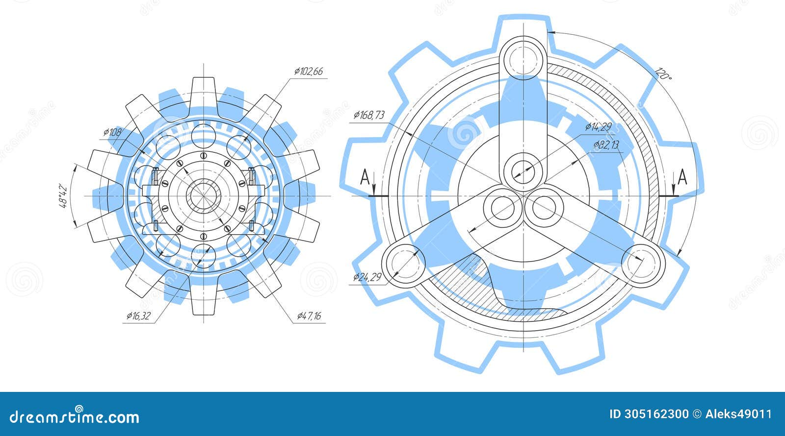 Technical Drawing of Gears .Rotating Mechanism of Round Parts .Machine ...