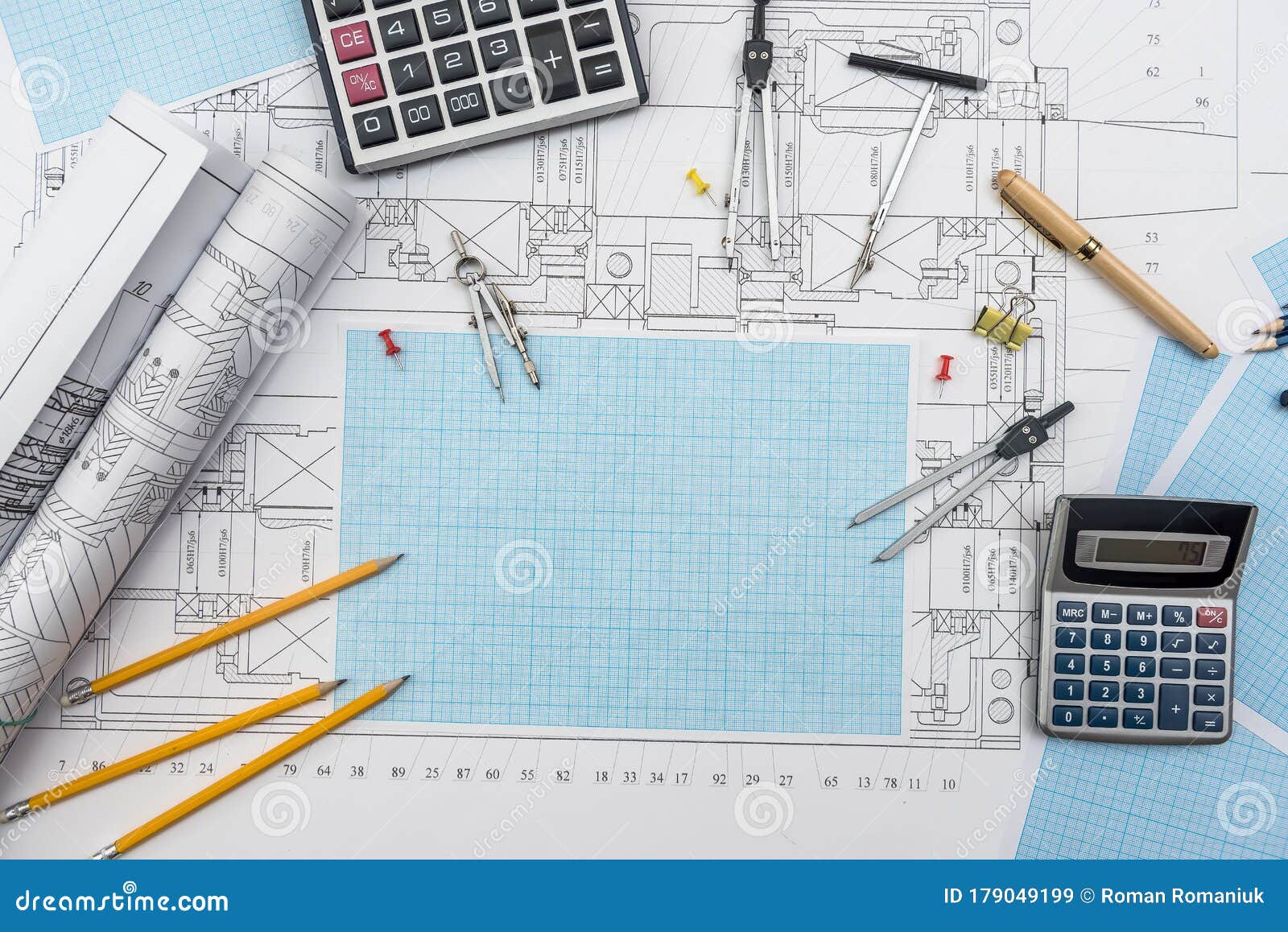 Technical Drawing, Graph Paper and Tools. Engineer Office Team Working ...