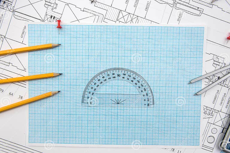 Technical Drawing, Graph Paper and Tools. Engineer Office Team Working ...