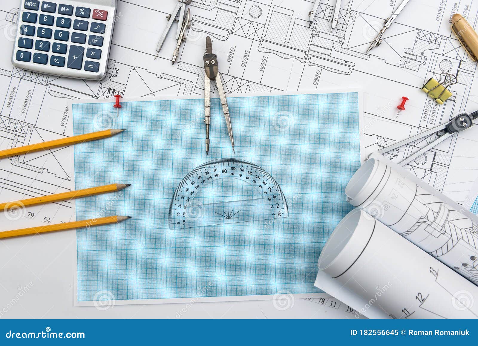 Technical Drawing, Graph Paper And Tools. Engineer Office Team Working ...