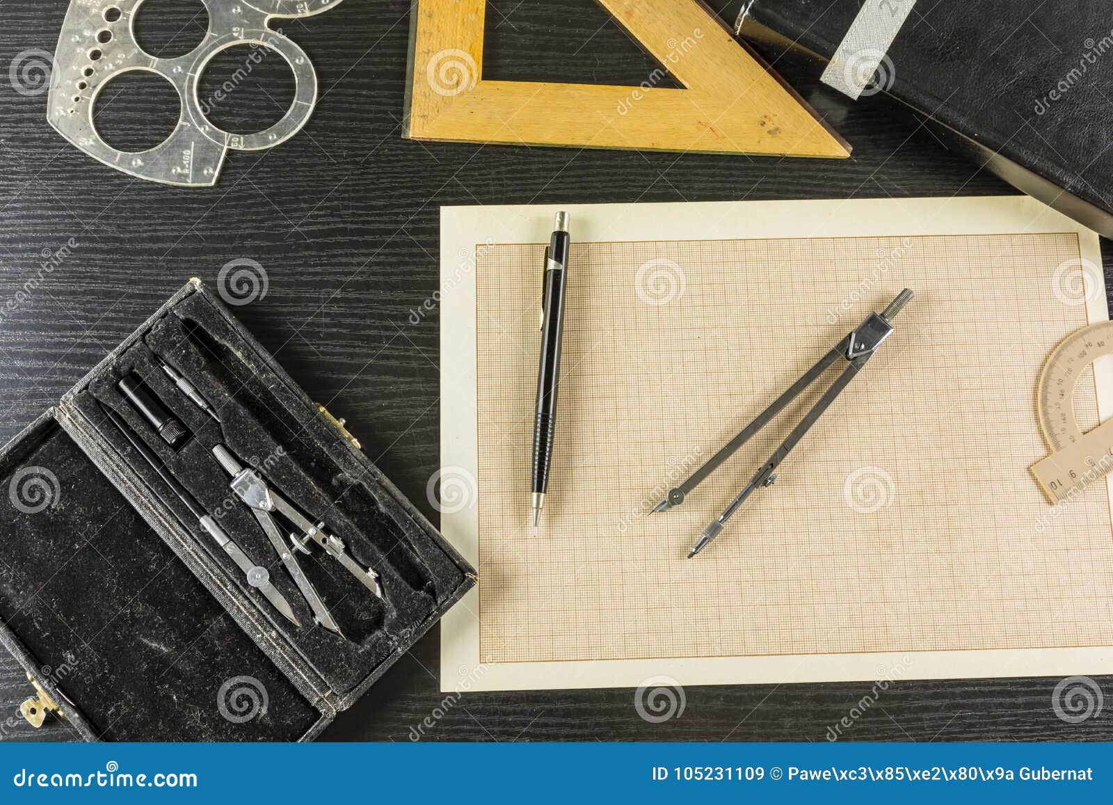 Technical Drawing on Graph Paper - Useful Equipment. Stock Image ...