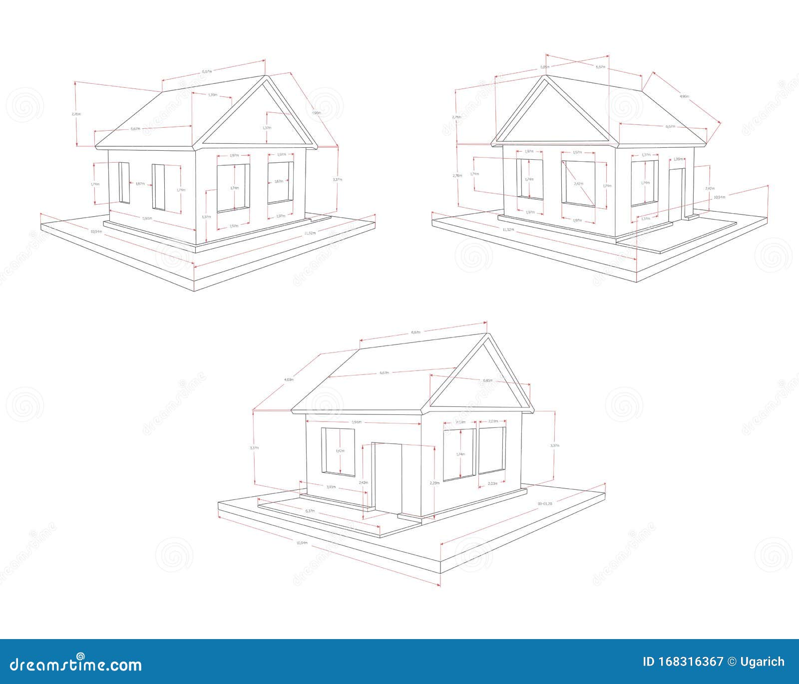 Technical Drawing of the House, Three Options, with Red Size Indicators ...