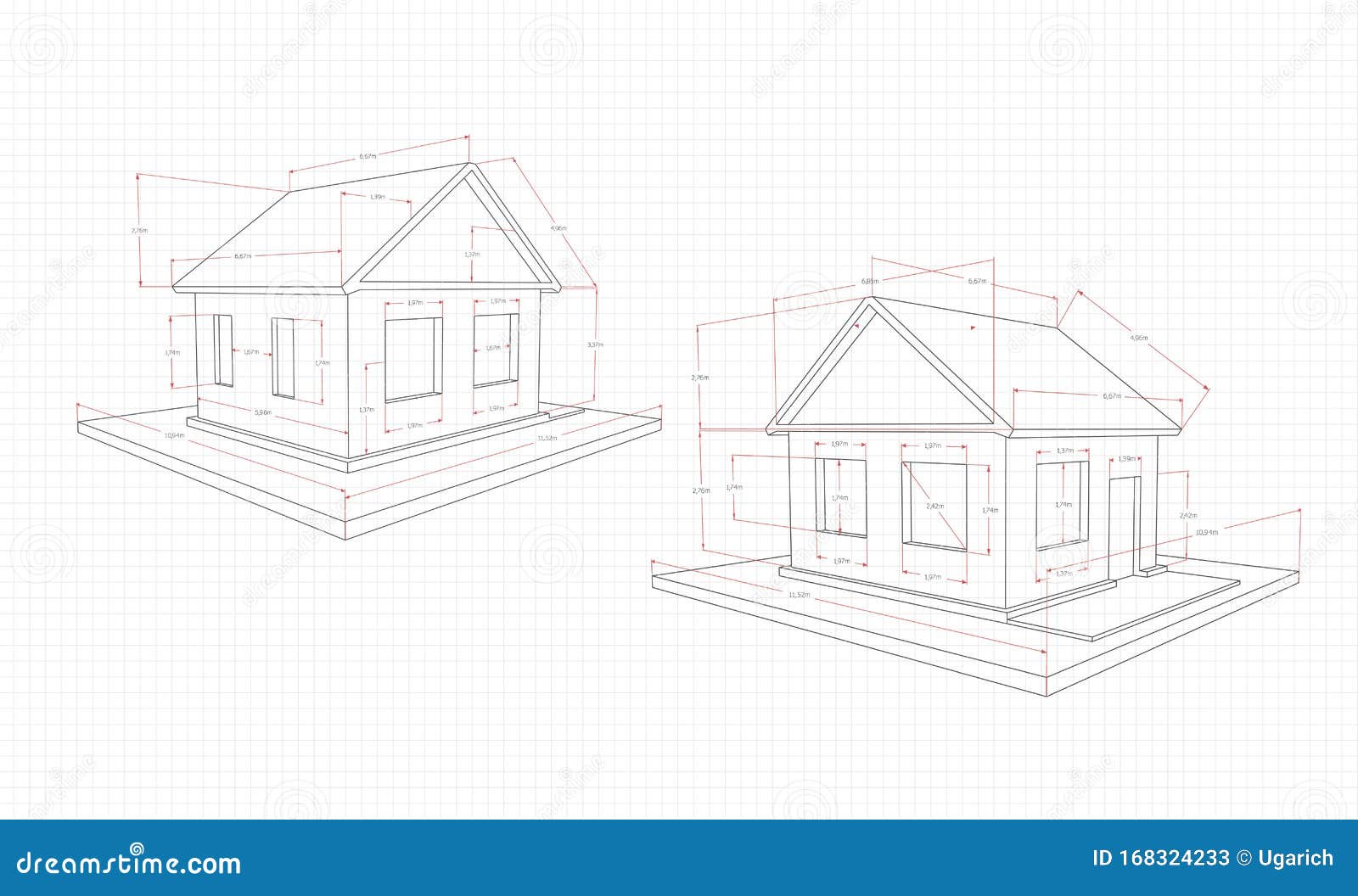 The Technical Drawing of the House is Black, Two Options, with Red Size ...