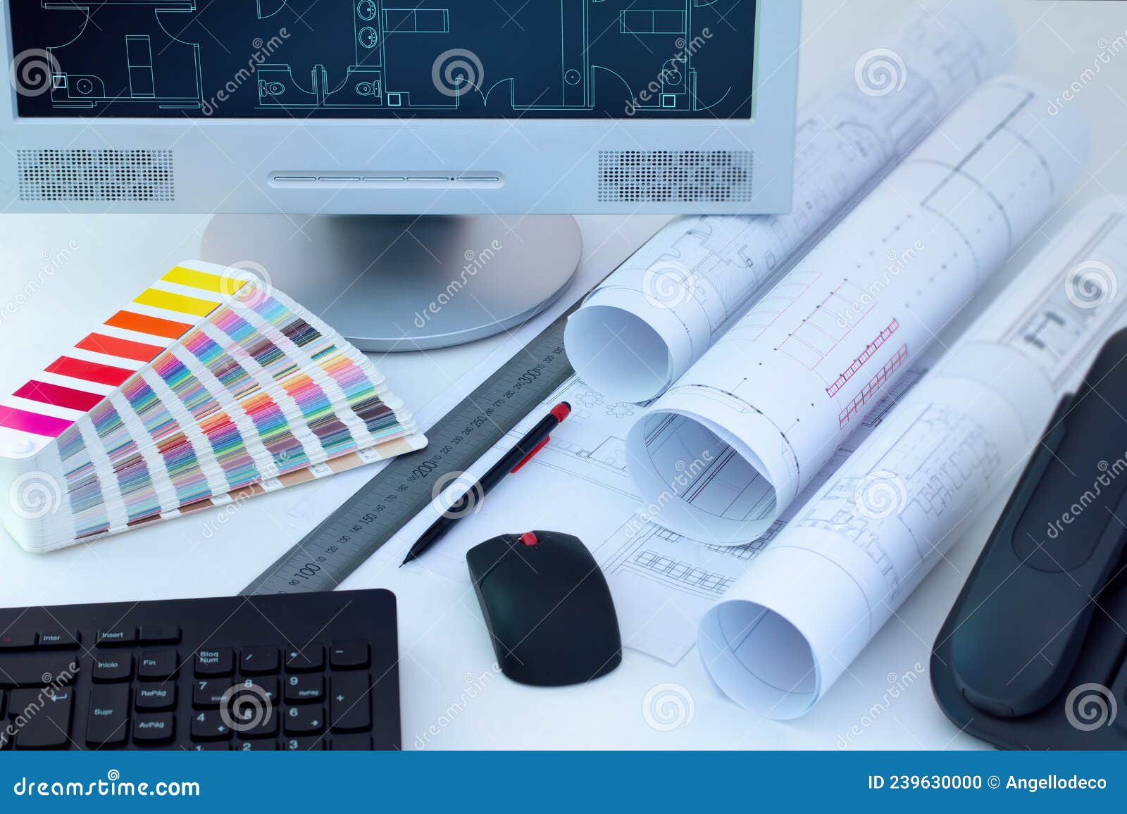 Technical Drawing for House Project with Computer a Keyboard and ...