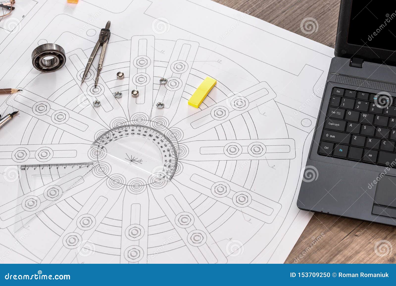 Technical Drawing with Laptop and Drawing Tools Stock Photo - Image of ...