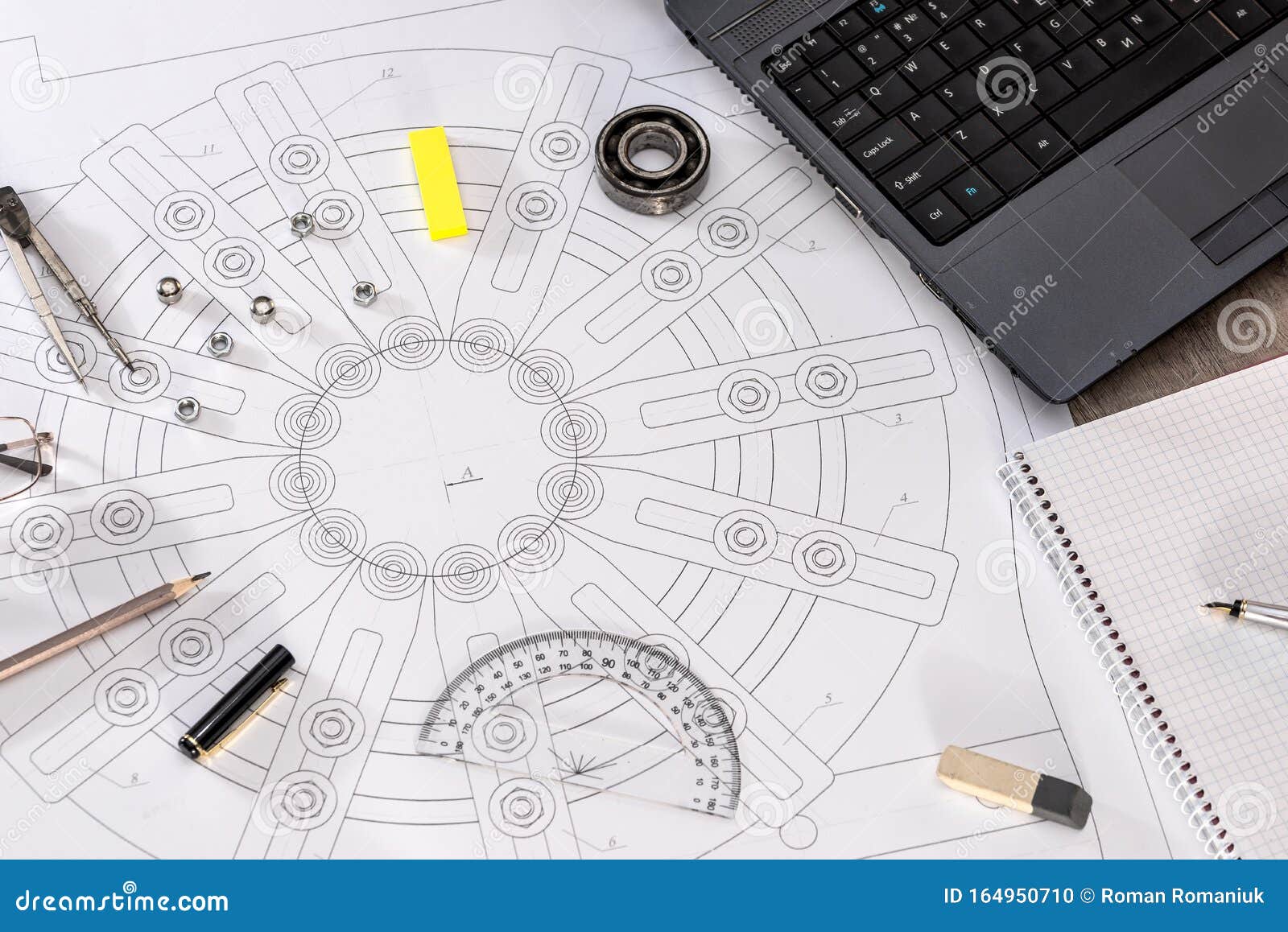 Technical Drawing with Laptop and Drawing Tools Stock Photo - Image of ...