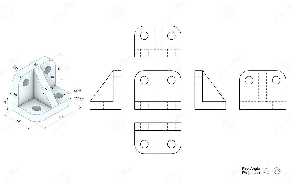 Technical Drawing with Orthographic Views from 3D Model. First Angle ...