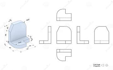 Technical Drawing with Perspective and Orthogonal Views Stock ...