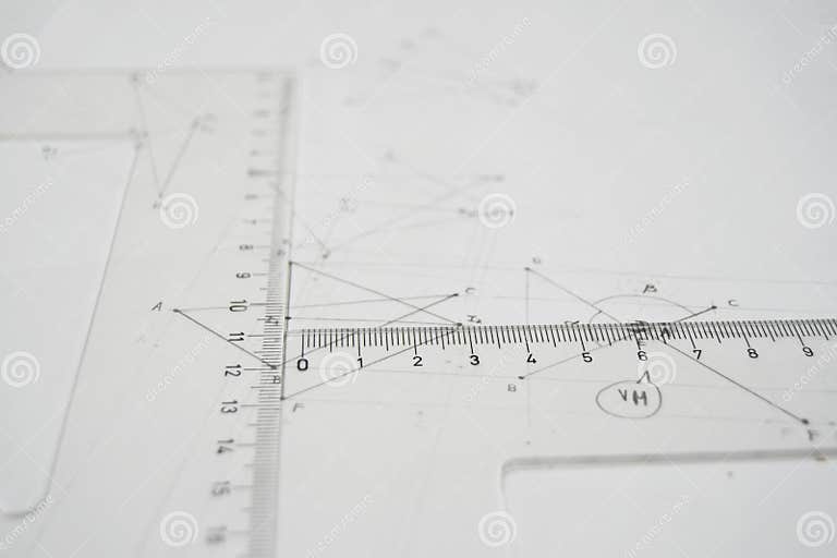 Technical Drawing with Rulers, Set Square, Paper Stock Image - Image of ...