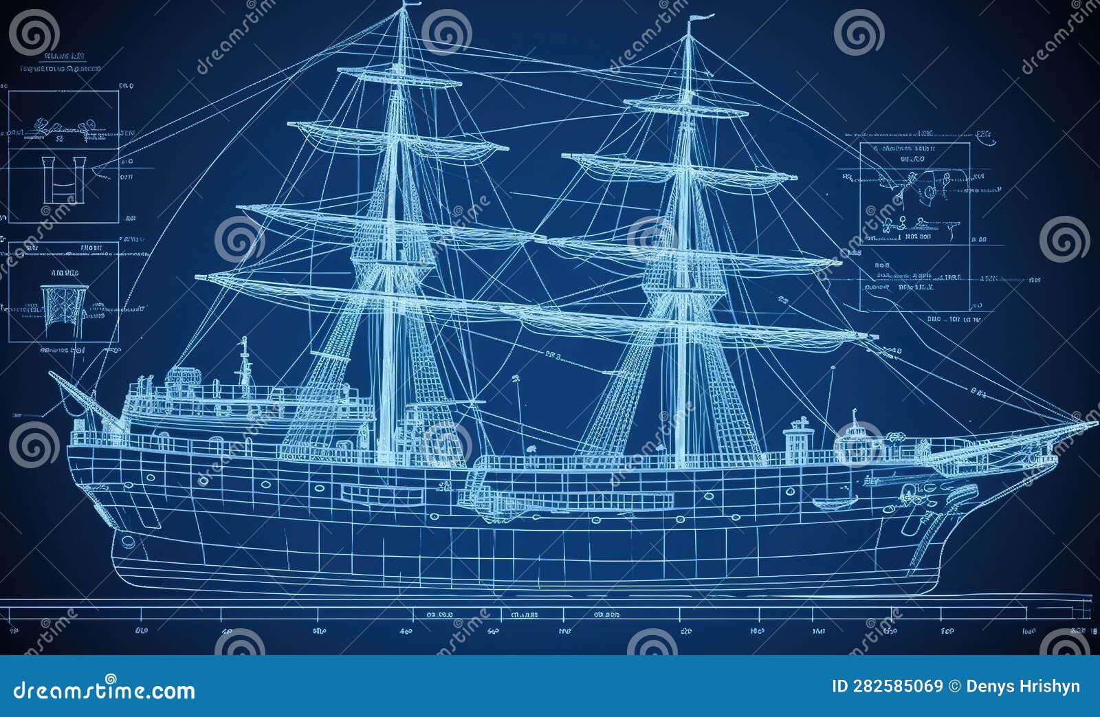 Technical Drawing of the Ship Outlines Its Intricate Hull Structure and ...