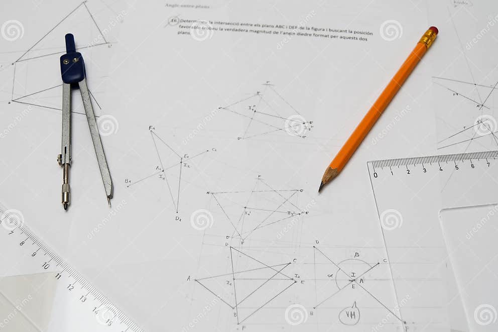 Technical Drawing Table with Pencil, Drafting Compass, Rulers, Paper ...