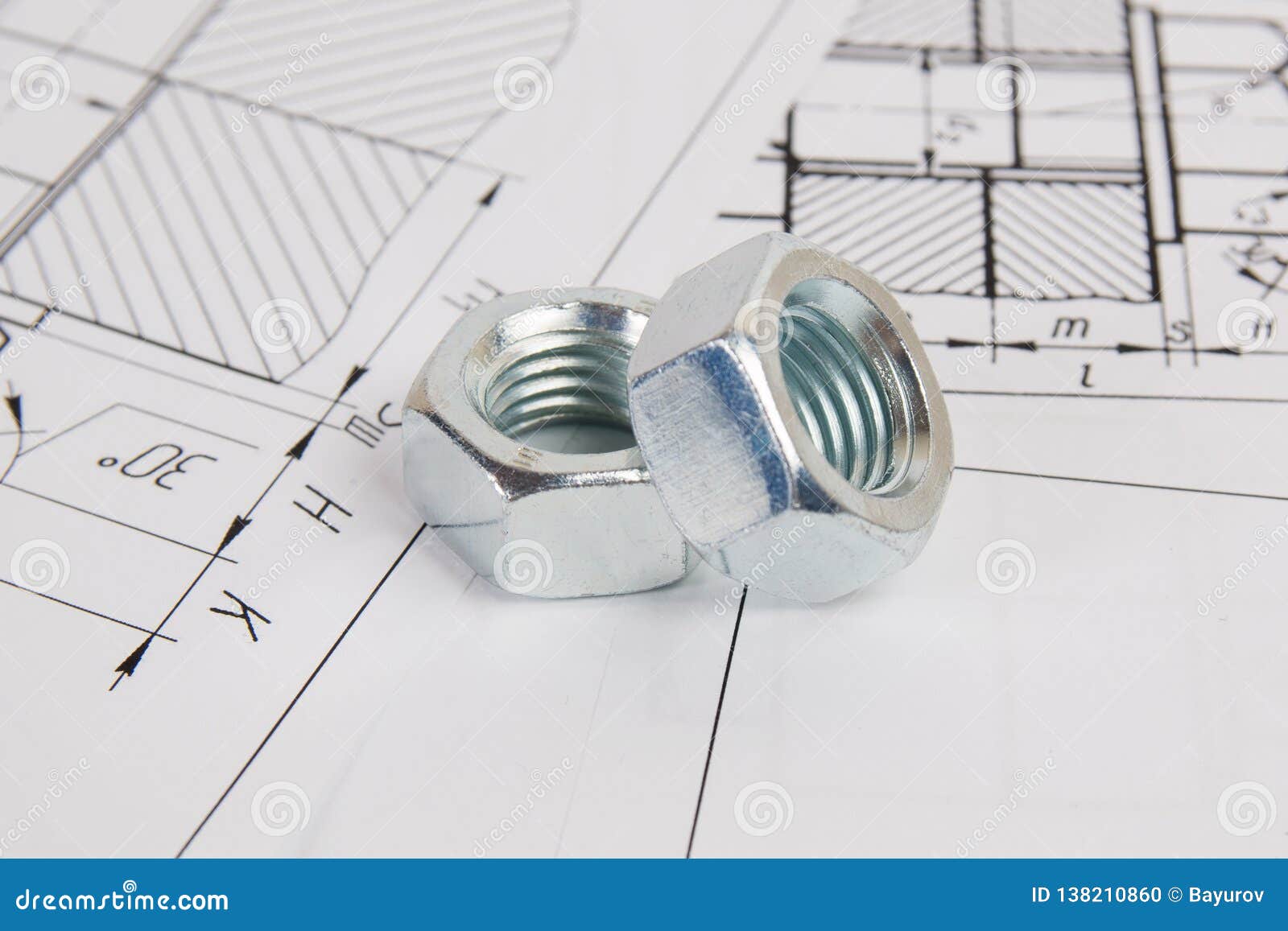 Technical Drawings of Bolt and Nut. Stock Photo - Image of ...