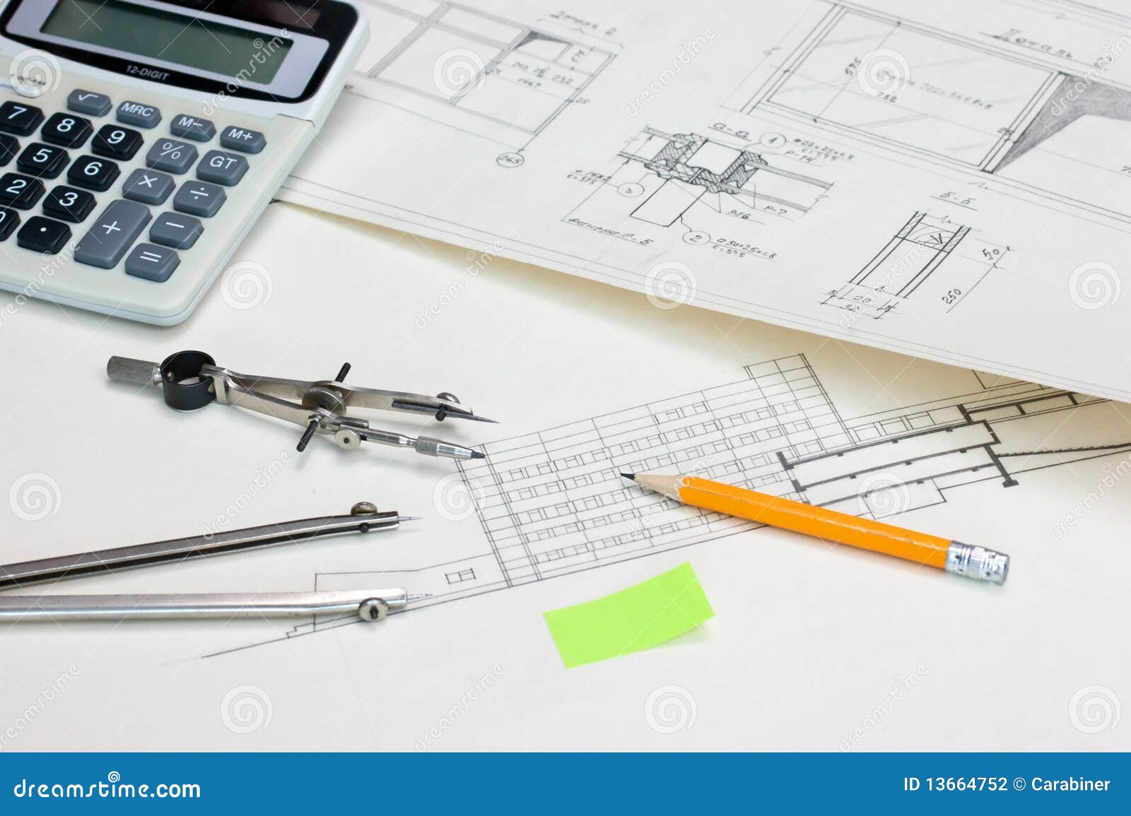 Technical Drawings and Calculator Stock Photo - Image of blueprint ...