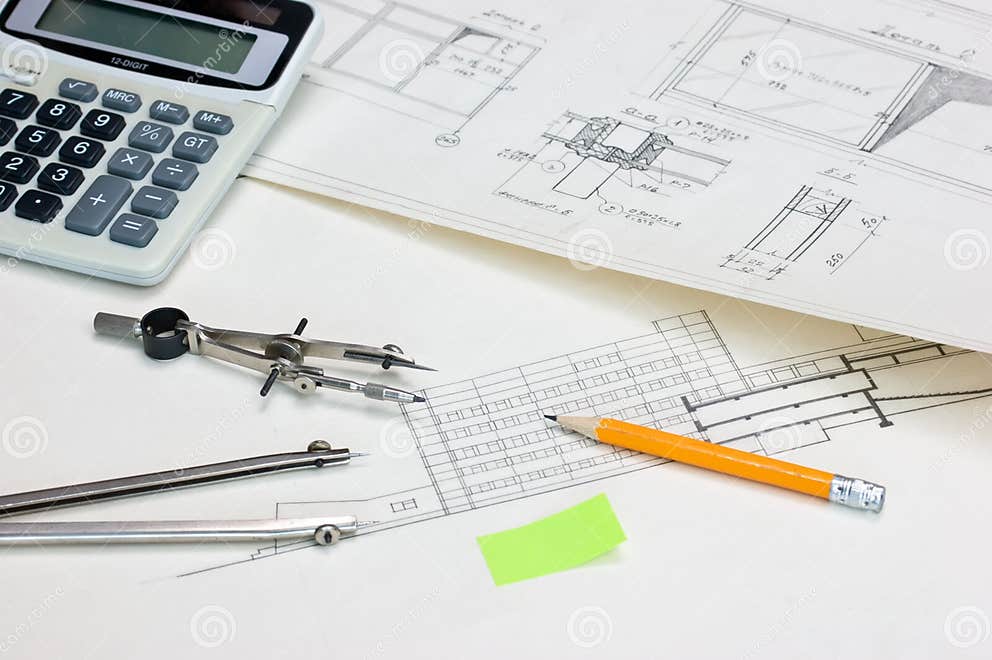 Technical Drawings and Calculator Stock Photo - Image of blueprint ...