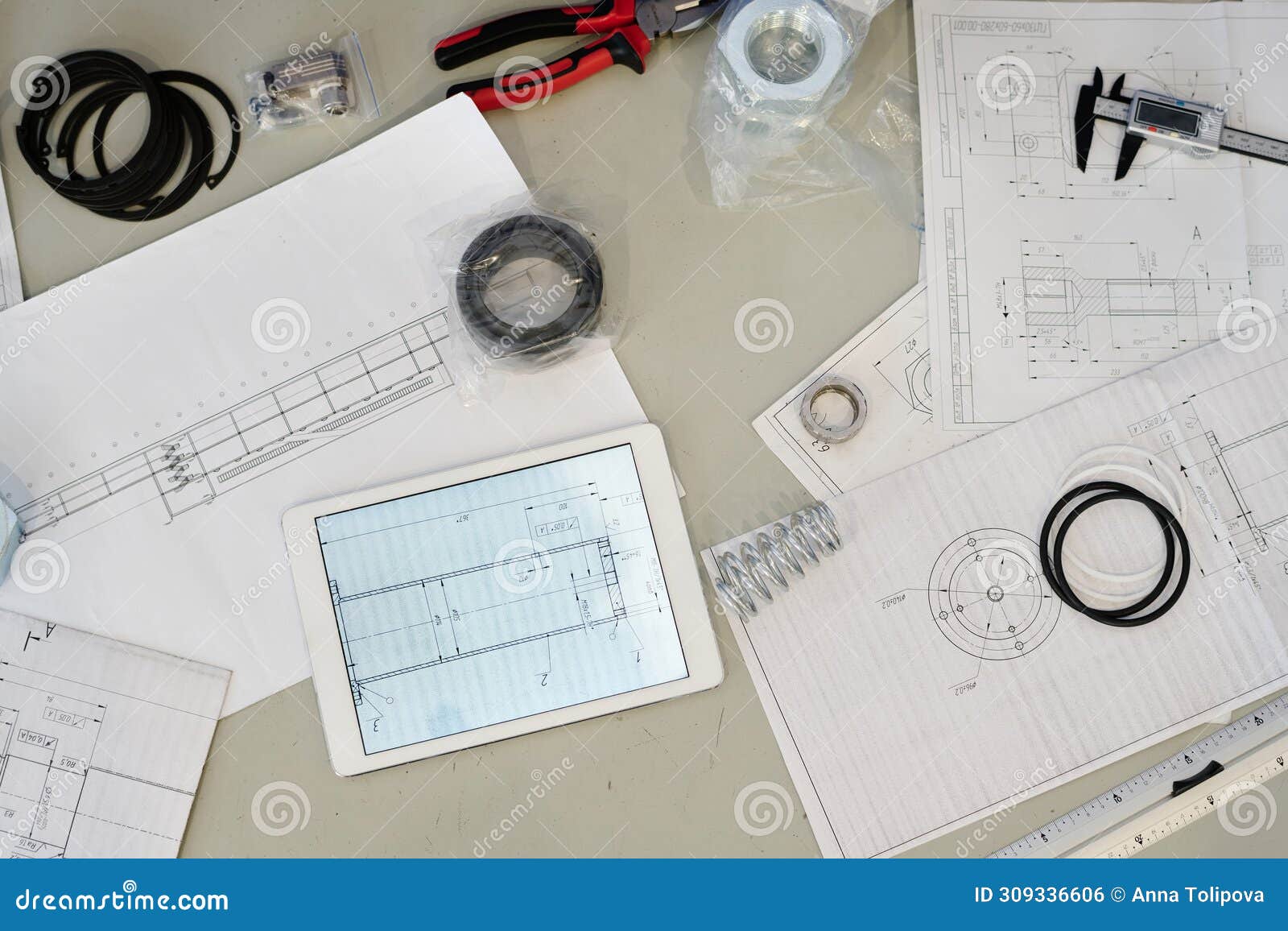 Technical Drawings and Digital Tablet on Table Stock Photo - Image of ...