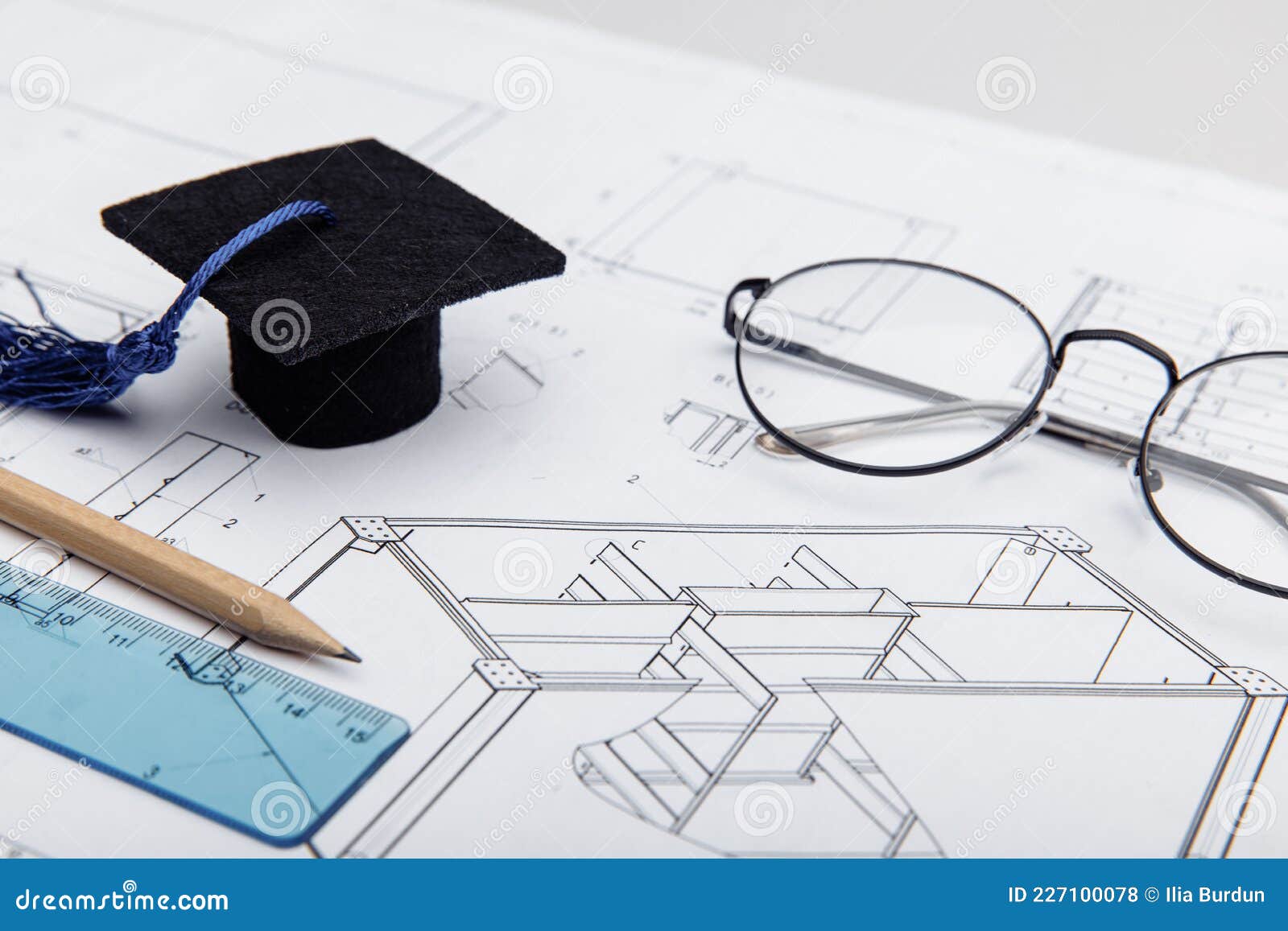 Technical Drawings and Graduation Cap Close-up. Engineering Education ...