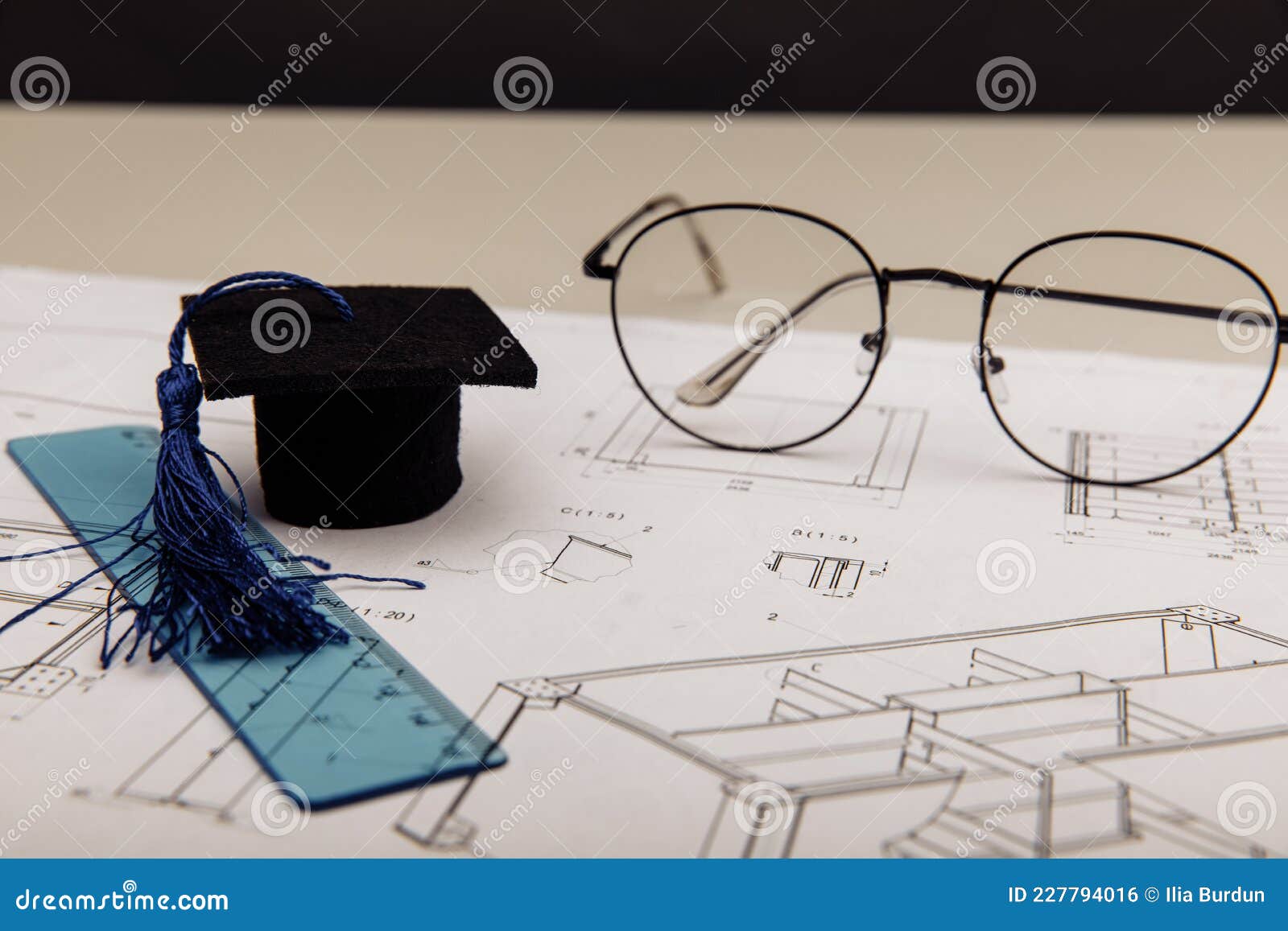 Technical Drawings and Graduation Cap. Engineering Education Concept ...