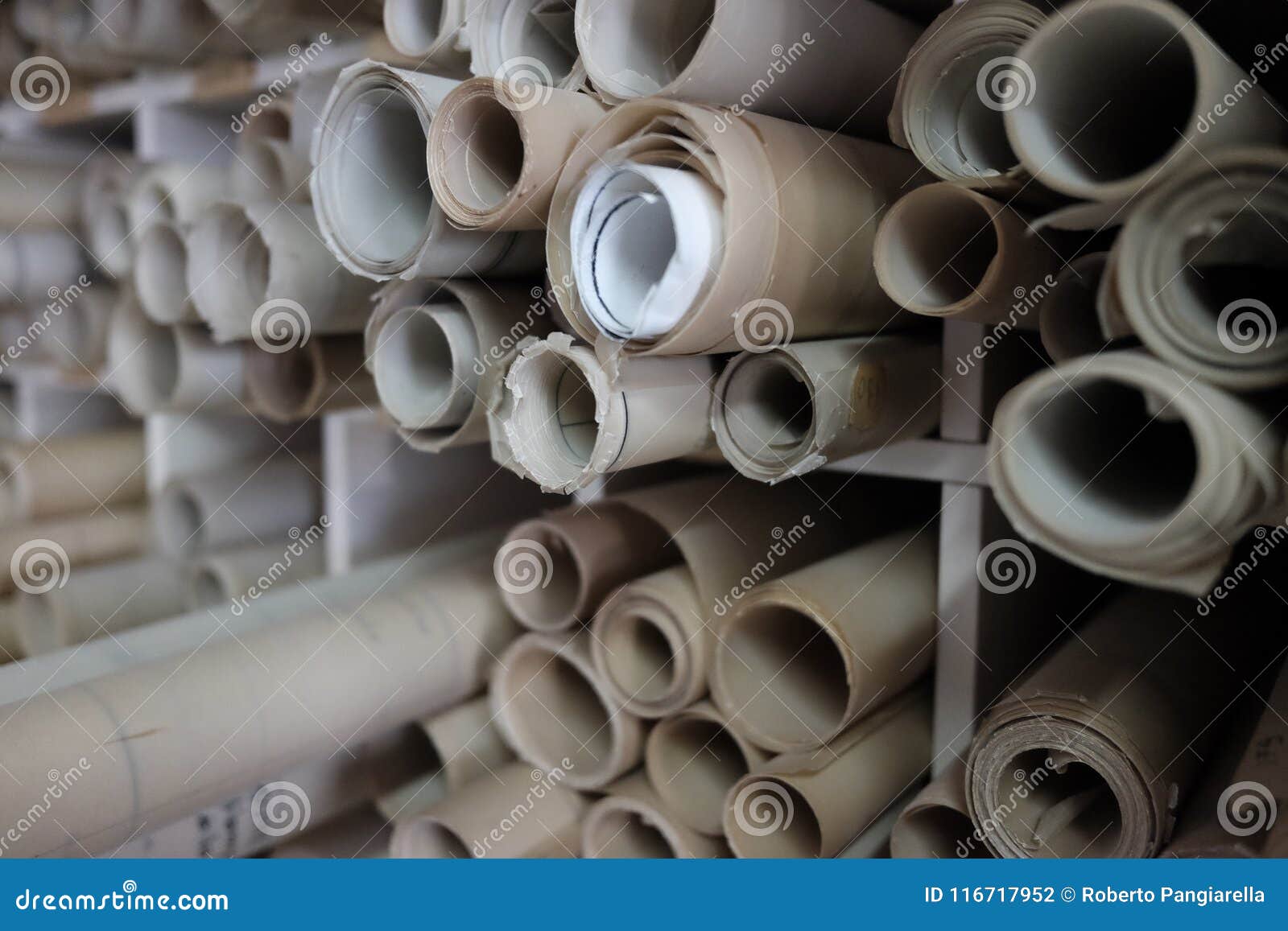 Technical Drawings on Rolled Glossy Paper Stock Photo - Image of ...