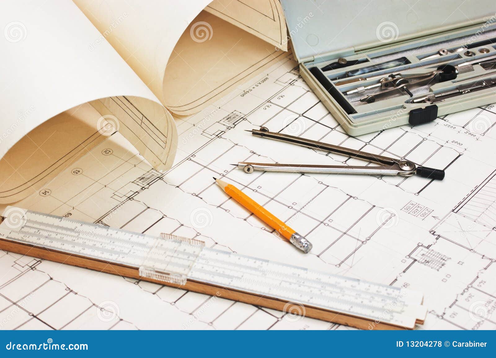 Technical Drawings and Slide Rule Stock Photo - Image of engineering ...