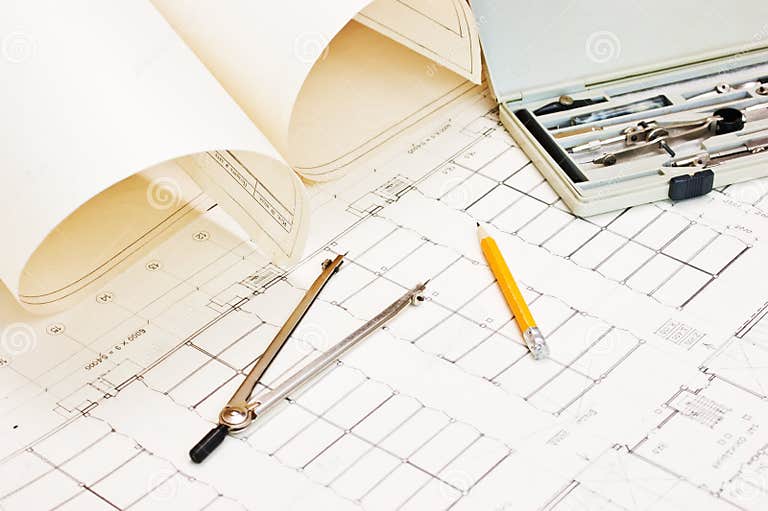 Technical Drawings and Slide Rule Stock Image - Image of architect ...