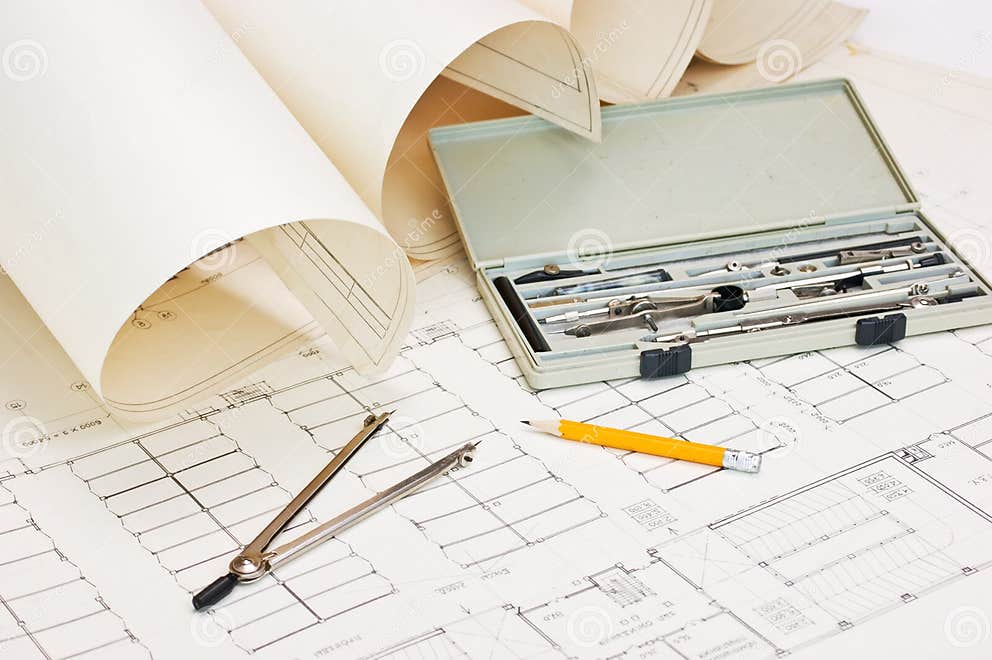 Technical Drawings and Slide Rule Stock Photo - Image of drafting ...