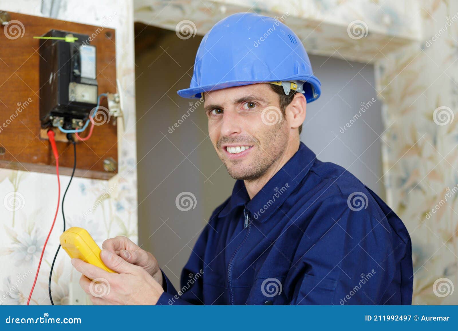 Technical Electrician Measures Voltage Circuit Breaker Stock Image ...