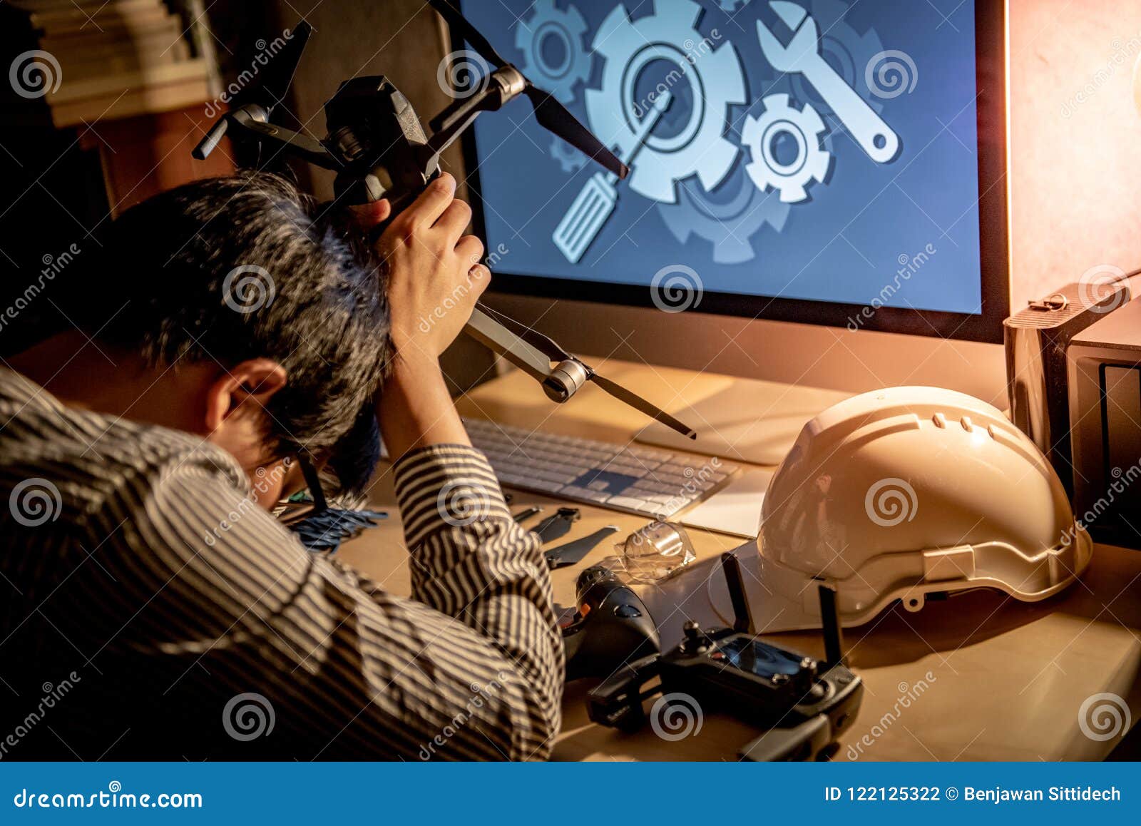 Technical Engineer Feeling Stressed while Repairing Drone Stock Photo ...