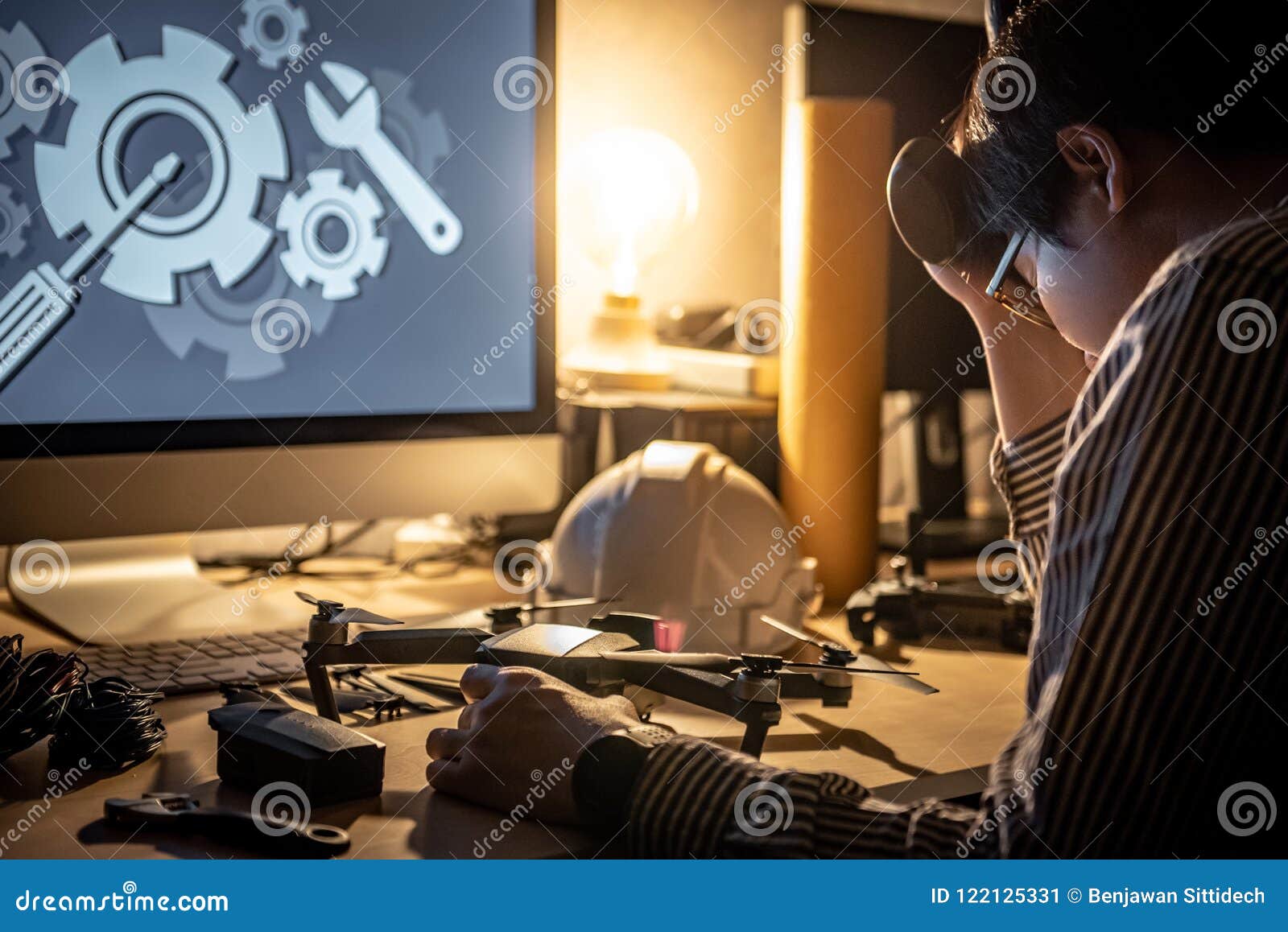 Technical Engineer Feeling Stressed while Repairing Drone Stock Image ...