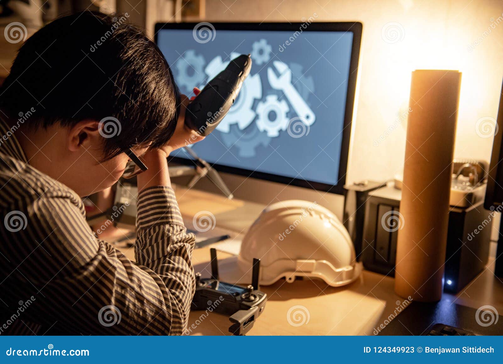 Technical Engineer Feeling Stressed while Repairing Drone Stock Image ...