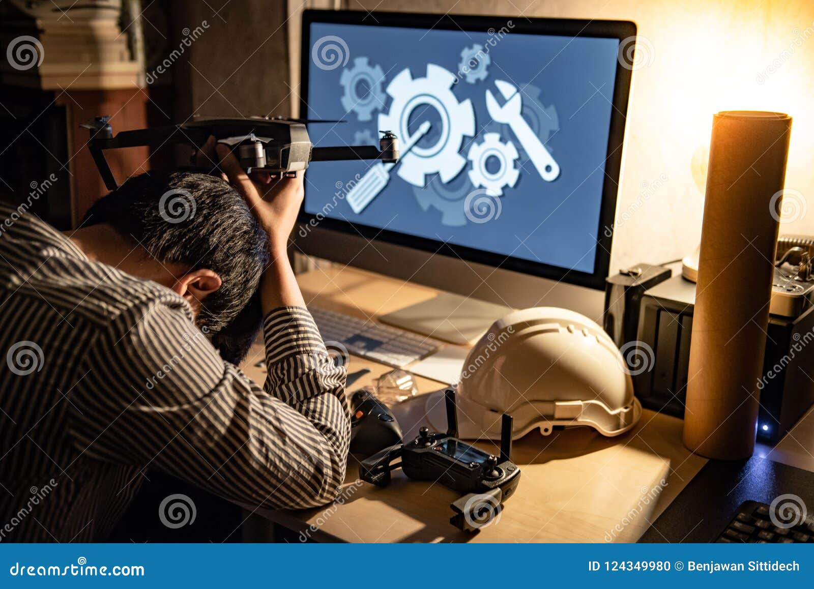 Technical Engineer Feeling Stressed while Repairing Drone Stock Photo ...