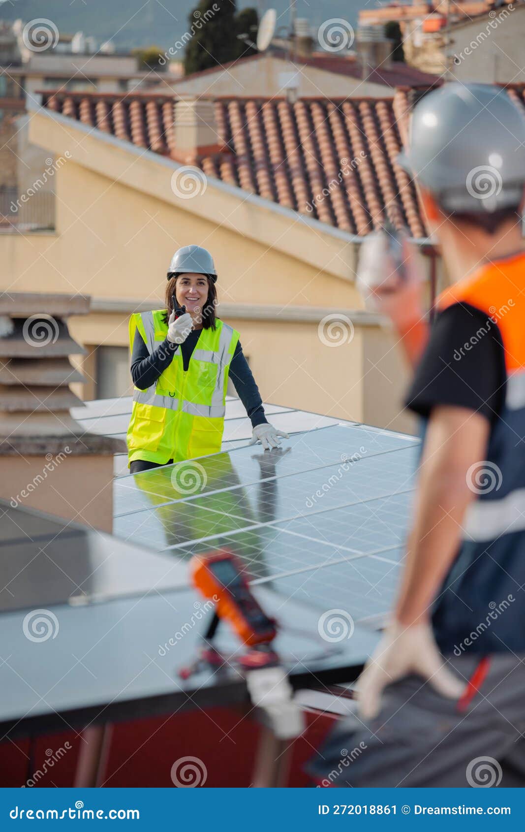 Woman and Man Engineer Technicians Doing Maintenance Service Solar ...