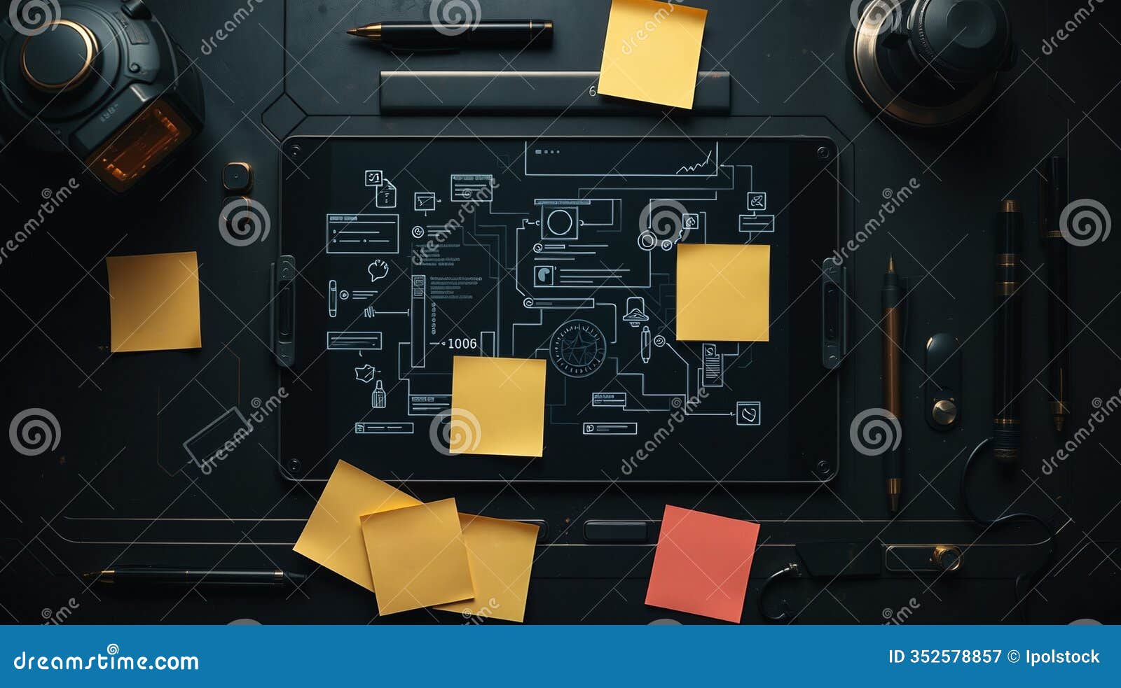 Technical Flowchart Displayed on Dark Surface with Sticky Notes and ...