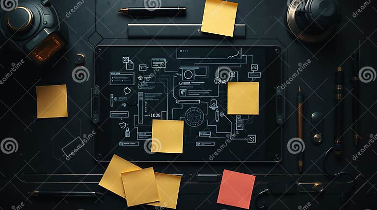 Technical Flowchart Displayed on Dark Surface with Sticky Notes and ...