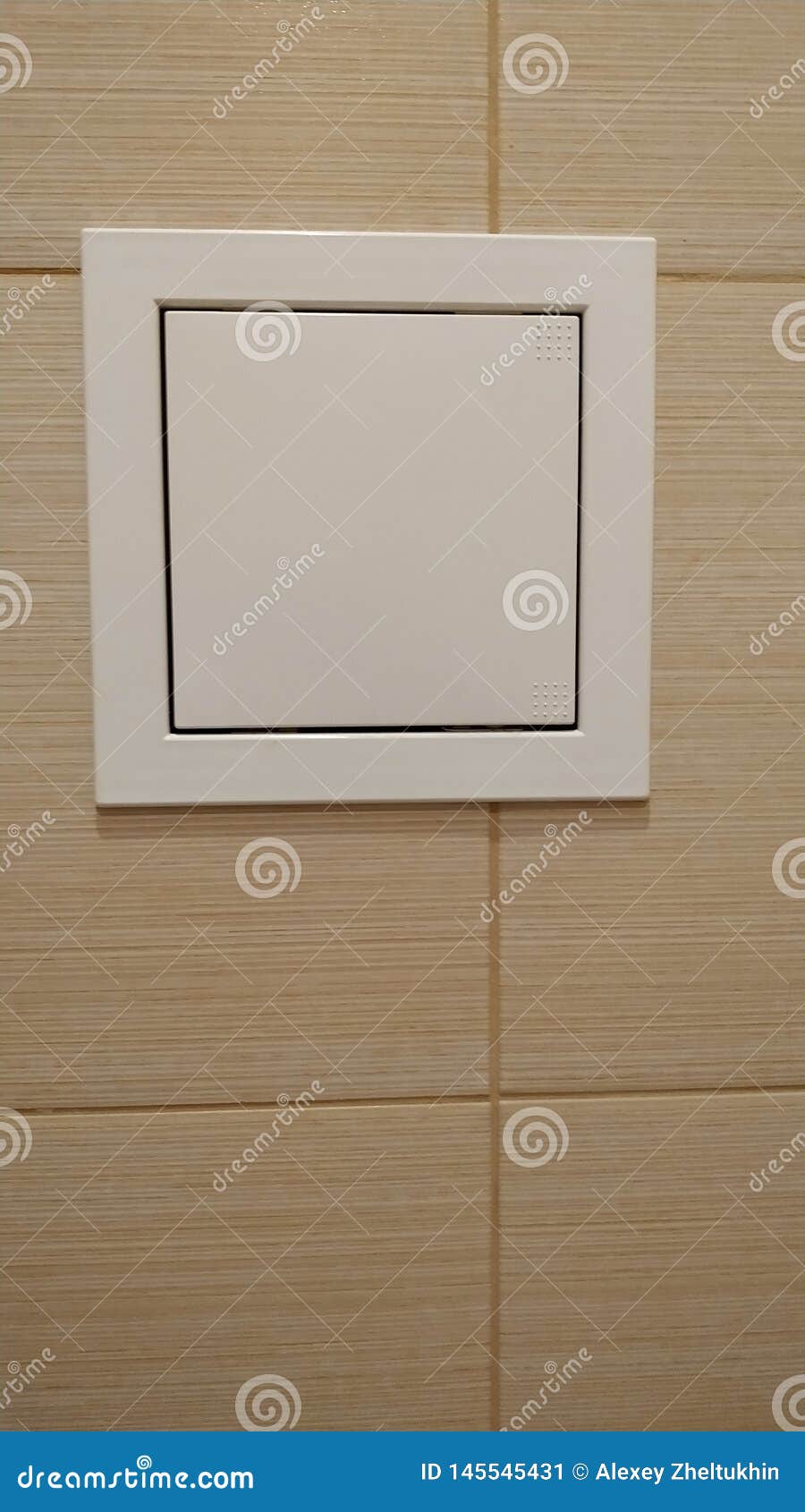 Technical Hatch on the Wall Lined with Bright Tiles. Close-up Stock ...