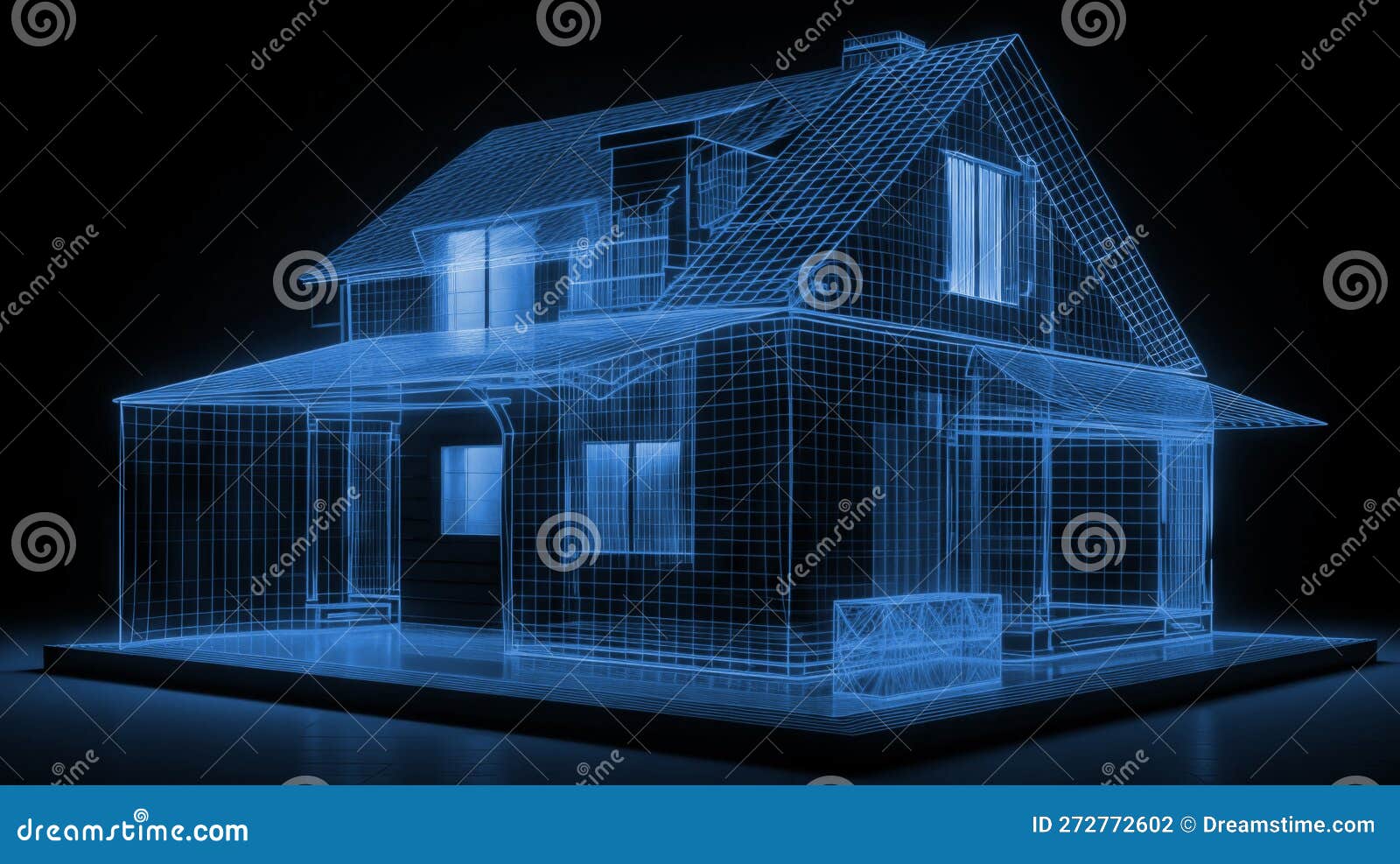 Small House in Glowing Wireframe: a Technical Illustration Stock ...