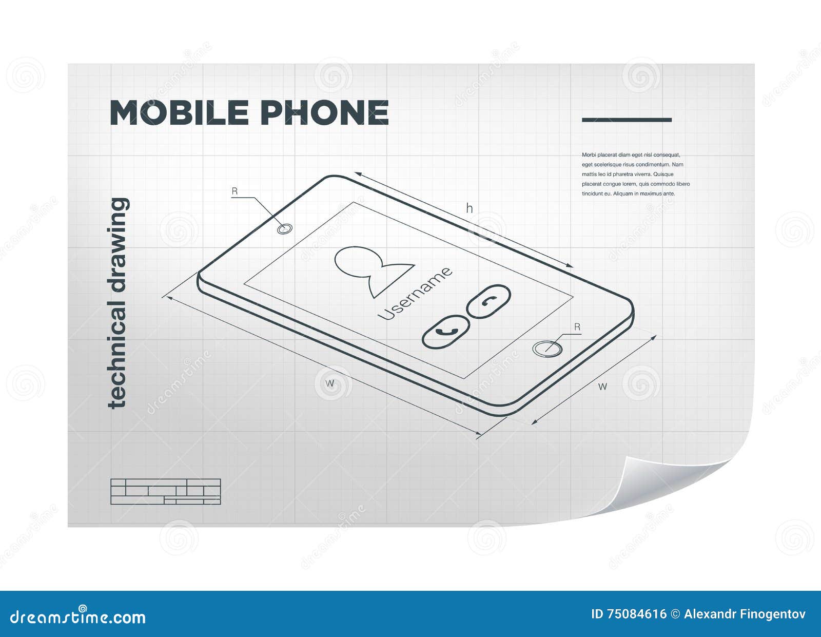 Technical Illustration with Mobile Phone Drawing on the White Blueprint ...