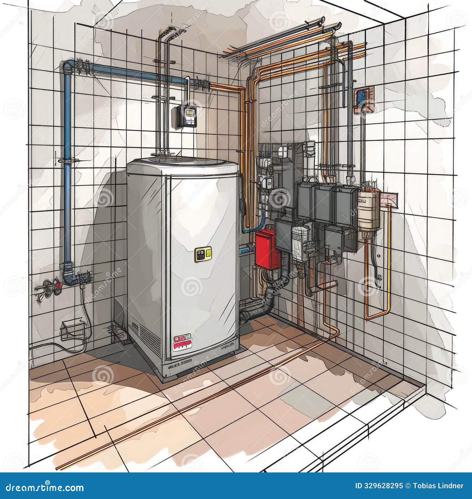Technical Illustration of a Modern Heating System in a Tiled Room Stock ...