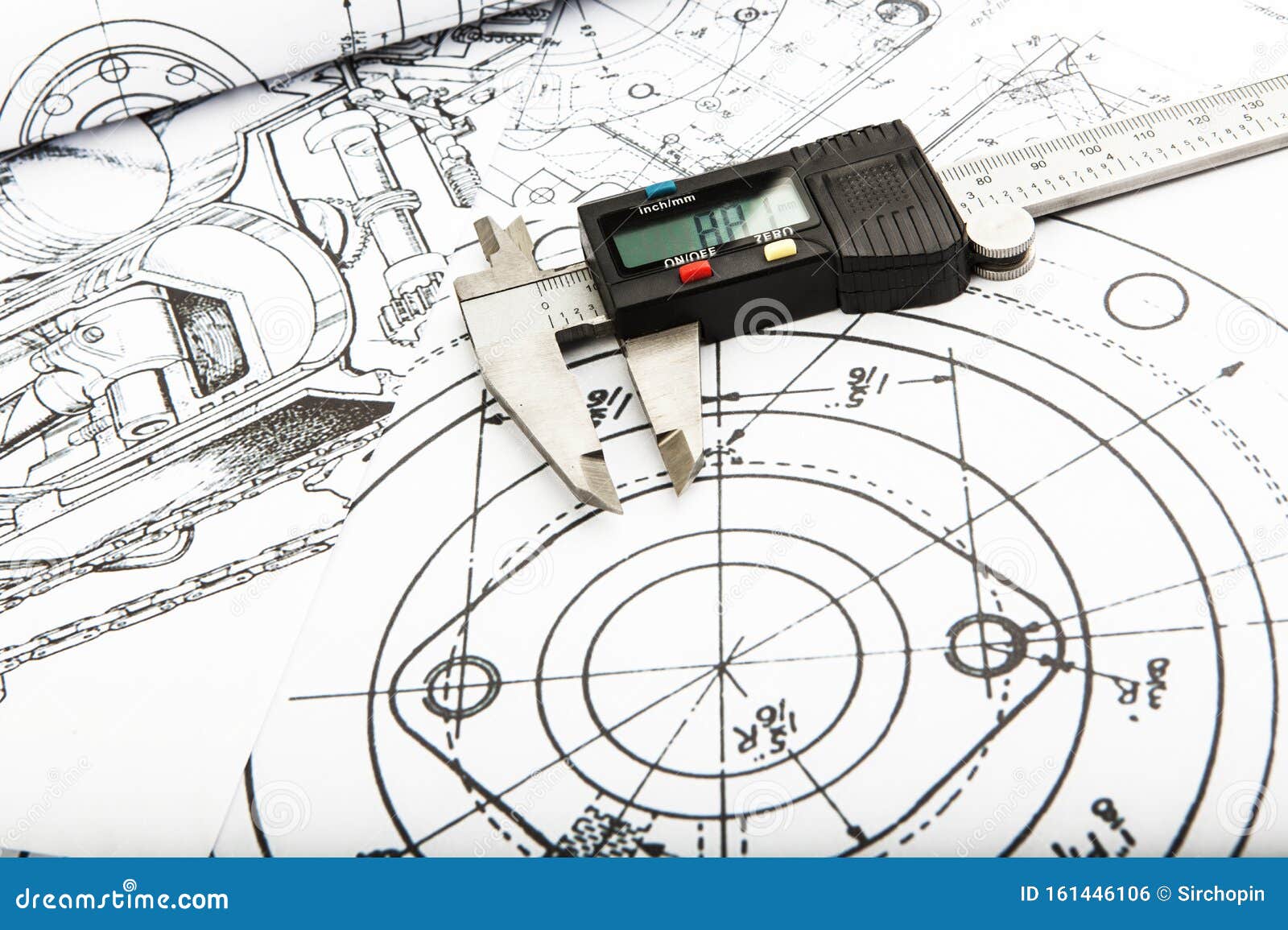 Technical Plans With A Caliper On The Main Plan - Zoom In On The ...