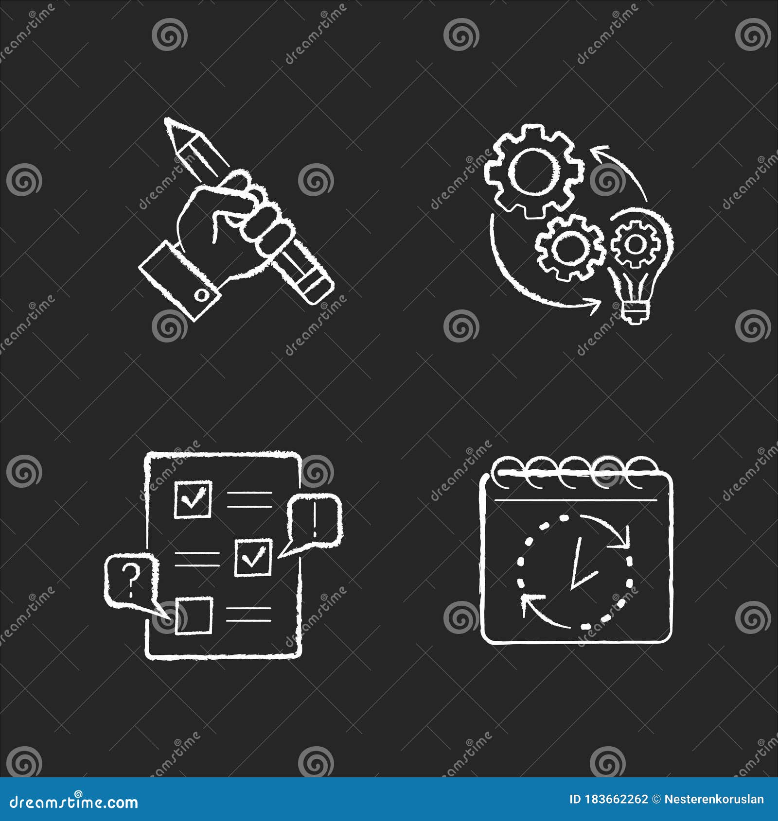 Technical Project Chalk White Icons Set on Black Background Stock ...