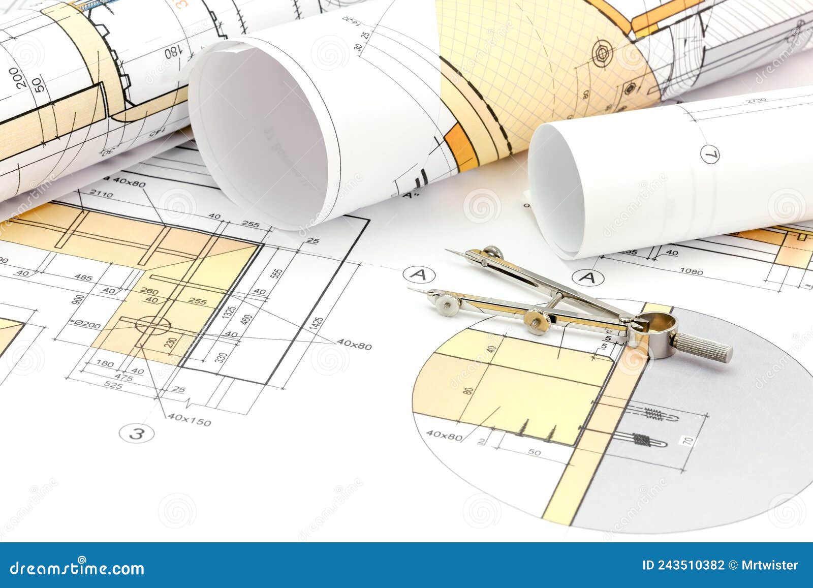 Architects Workspace with Blueprint, Rolls and Drawing Compass Stock ...
