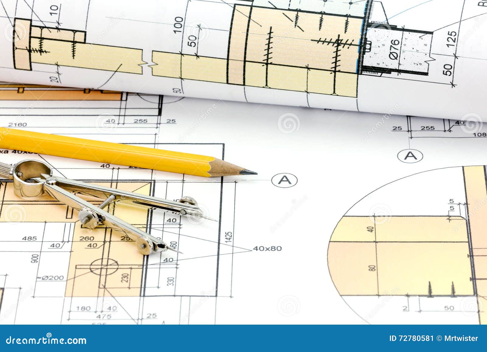 Rolls Of Blueprints, Drawing Compass And Graphical Architectural Stock ...