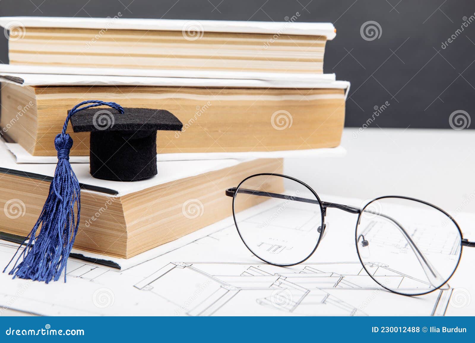 Technical Project, Glasses and Graduation Cap with Books. Engineering ...